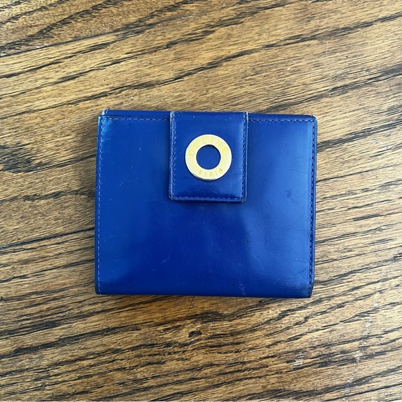 Celine | Bags | Celine Blue Leather Bifold Gold Tone Circle Logo Snap ...